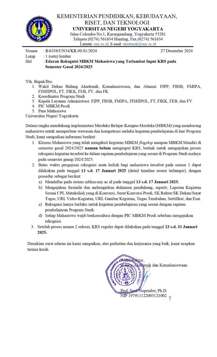 Edaran Rekognisi MBKM Mahasiswa yang Terlambat Input KRS Semester Gasal ...